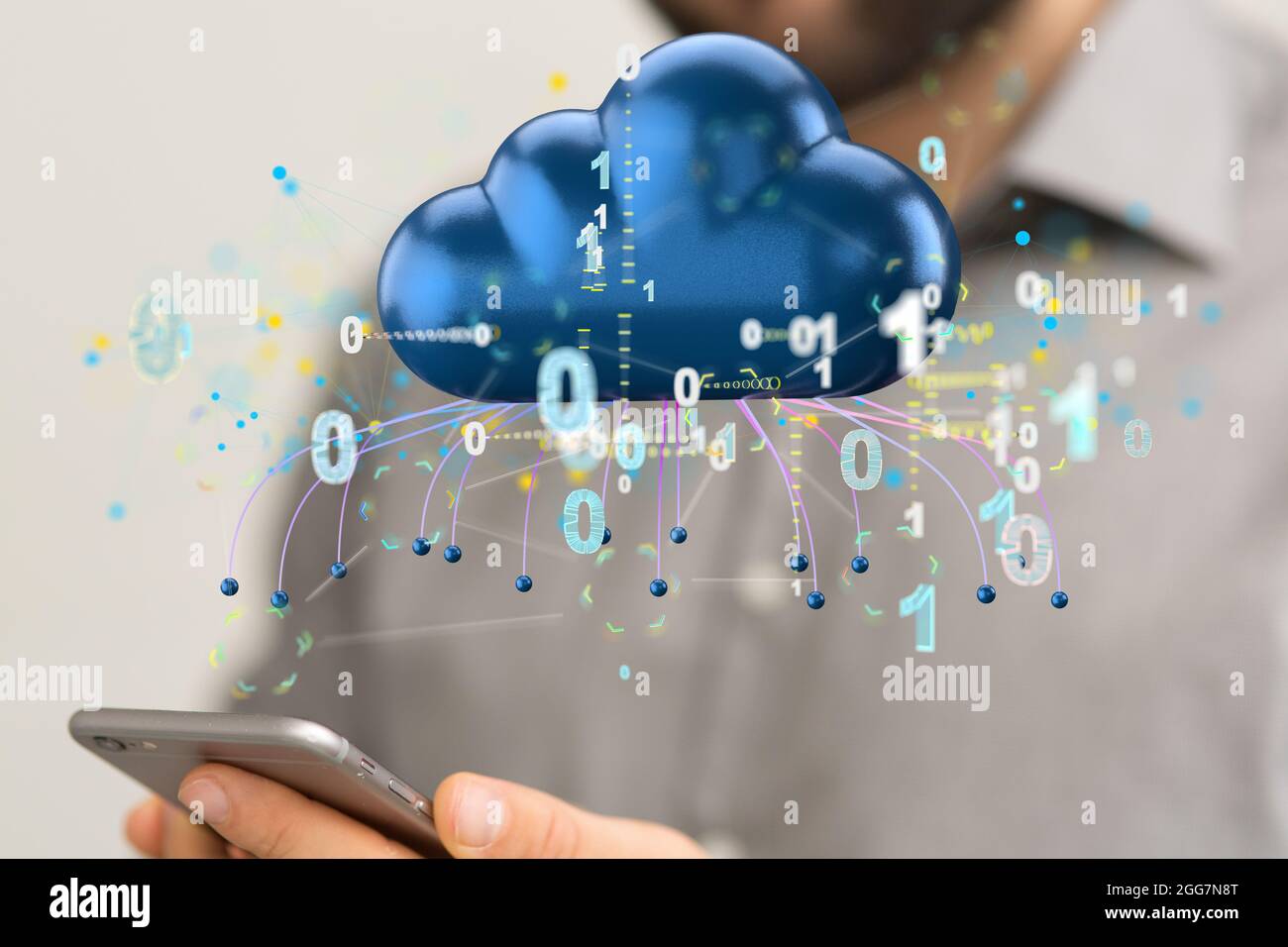 A 3D rendered sci-fi cloud hologram with binary code - cloud storage and internet technologies ...