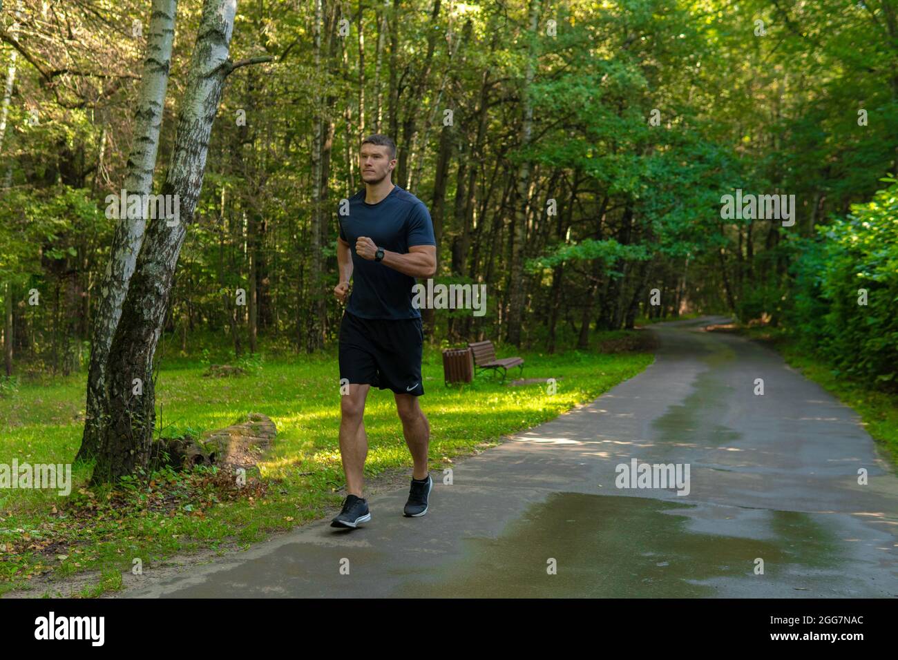 A man athlete runs in the park outdoors, around the forest, oak trees ...