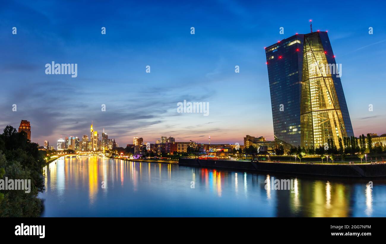Frankfurt skyline with ECB European Central Bank Main river skyscraper ...