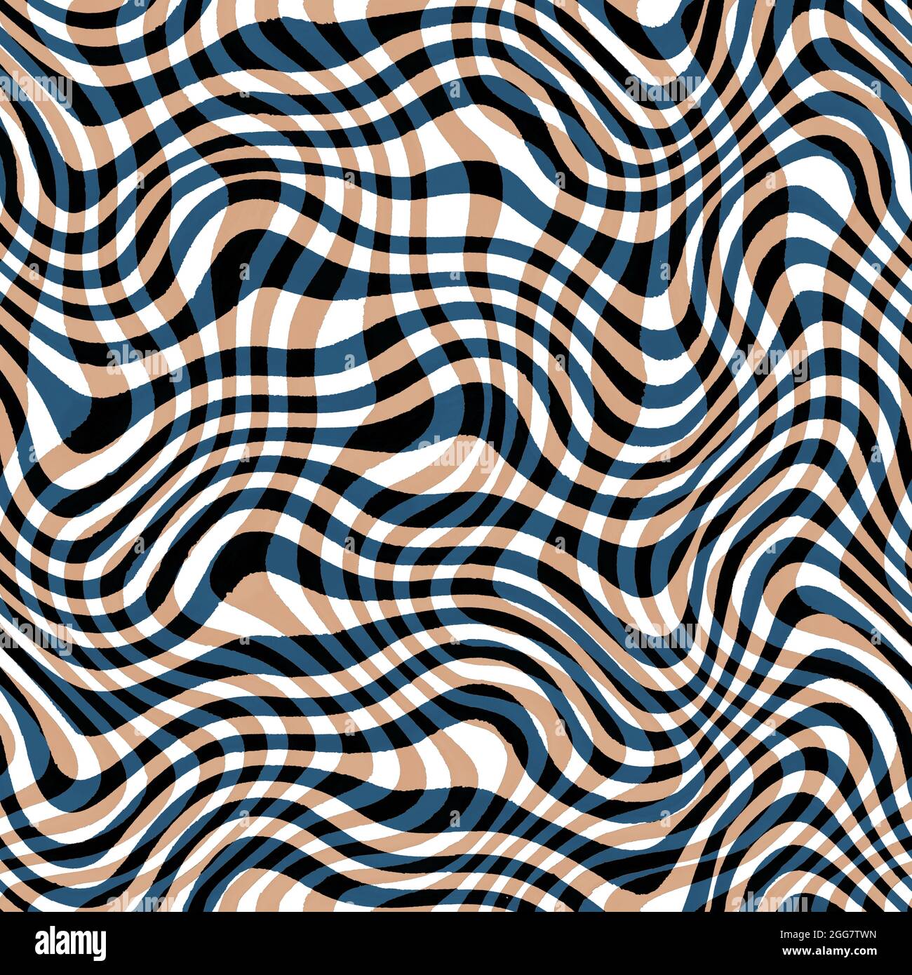 Abstract trendy wavy striped gingham plaid background. Hand drawn blue ...