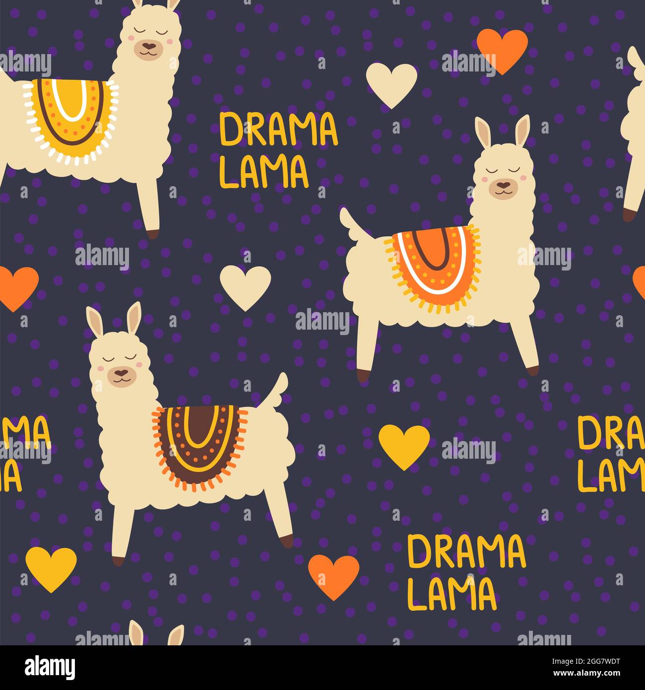 Cute drama lama lettering seamless pattern on blue background in hand ...