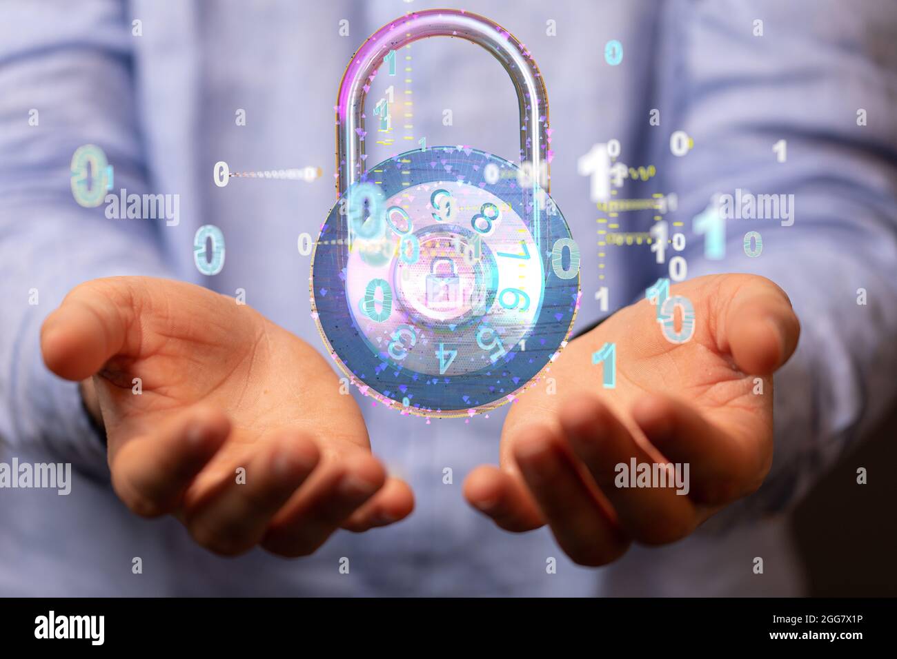 A 3D rendered lock with binary code hovering over a man’s hands - cybersecurity concept Stock ...