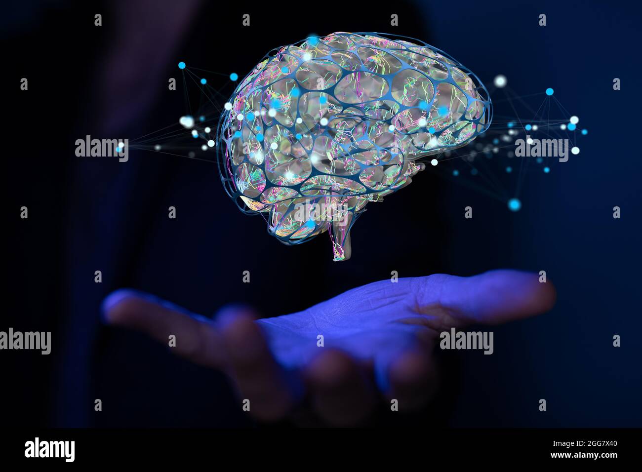 A 3D rendered abstract sci-fi brain hovering over a man's palm - Artificial Intelligence Stock ...