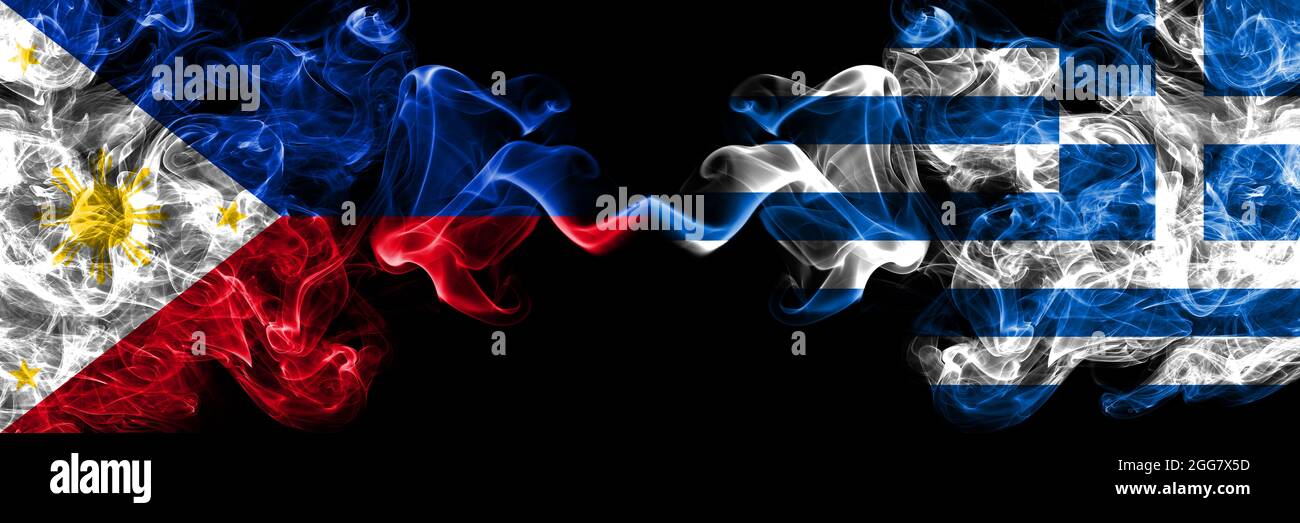 Philippines, Filipino vs Greece, Greek smoke flags side by side Stock ...