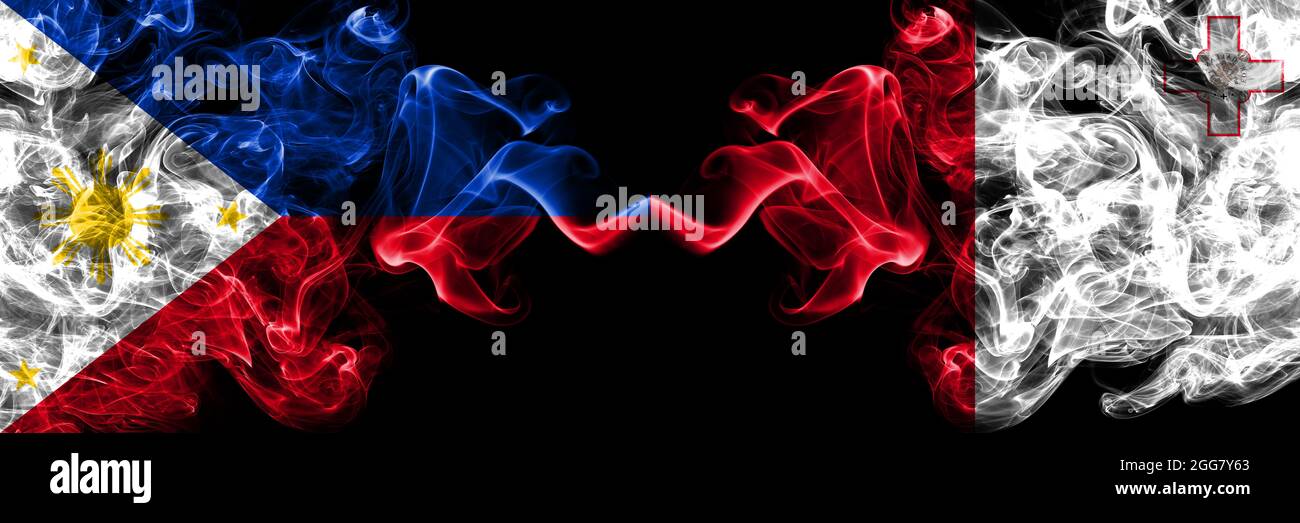 Philippines, Filipino vs Malta, Maltese smoke flags side by side Stock ...