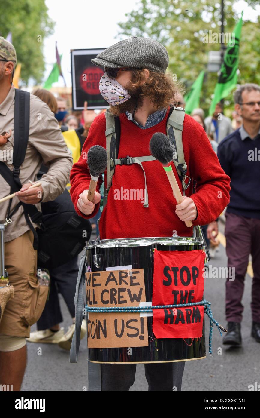 A drummer seen during Extinction Rebellion's Carnival for Climate ...