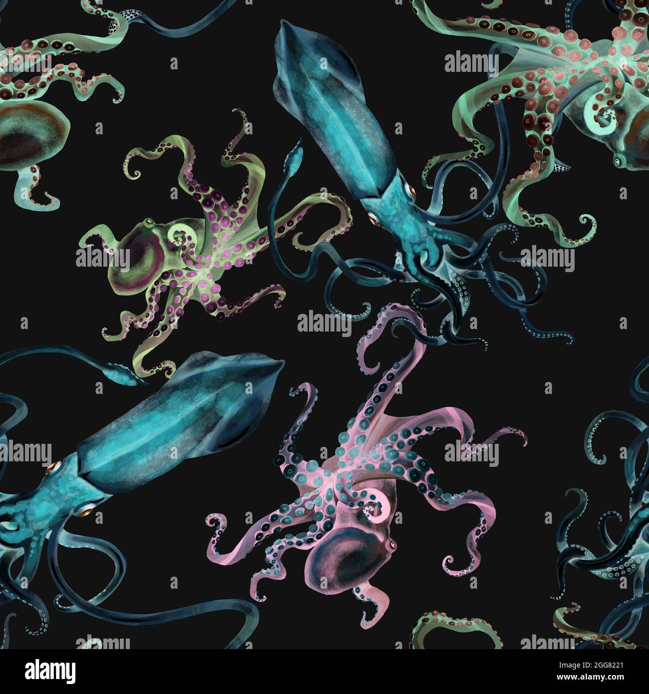 Watercolor squid octopus seamless pattern, hand painted illustration ...