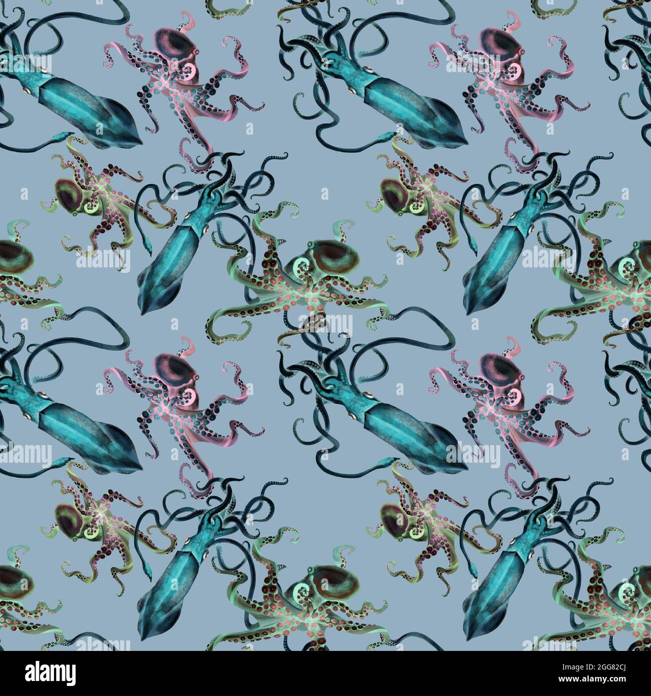 Watercolor squid octopus seamless pattern, hand painted illustration ...