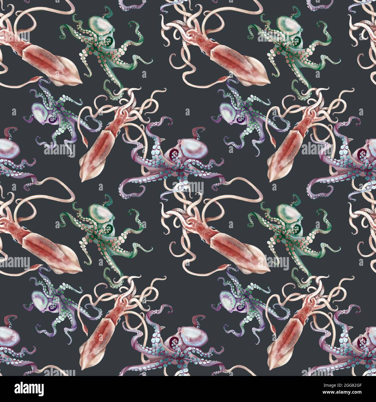 Watercolor squid octopus seamless pattern, hand painted illustration ...