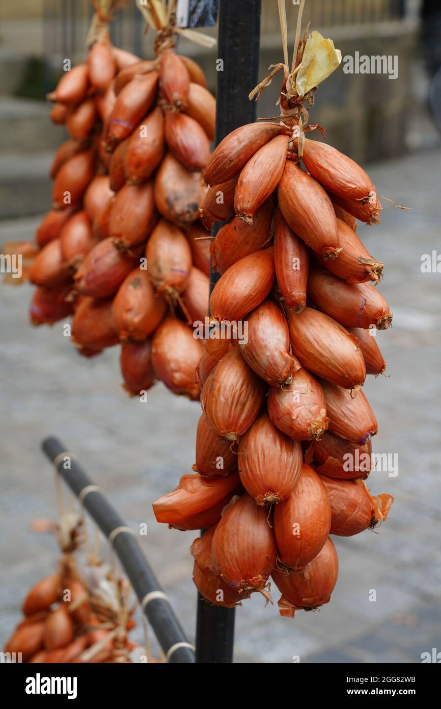 Fresh pink shallots at a French farmers market Stock Photo - Alamy