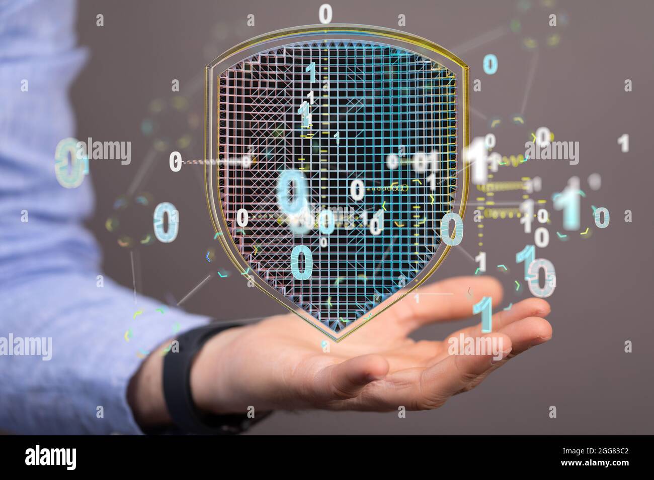 A 3D rendered futuristic shield with binary code hovering over a man's ...