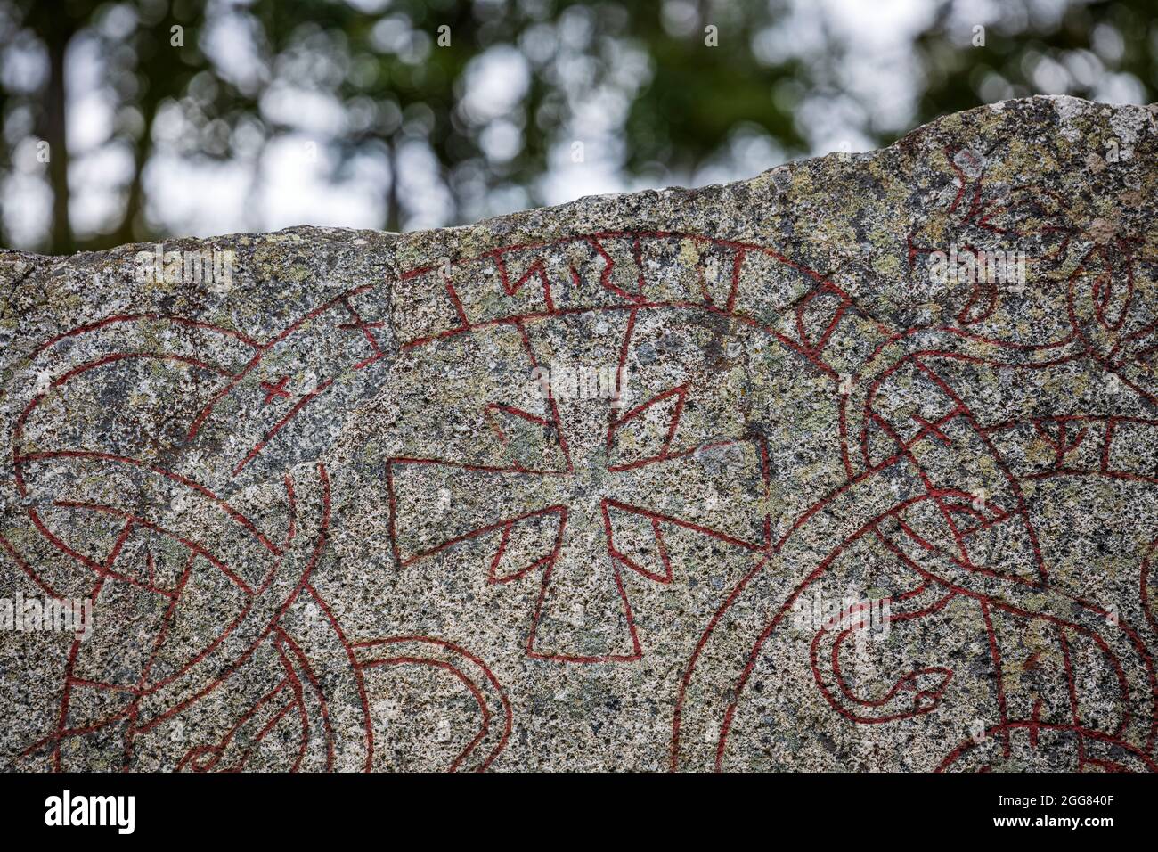 Close up view of runestone with inscription from the 1000s AD. Sweden ...