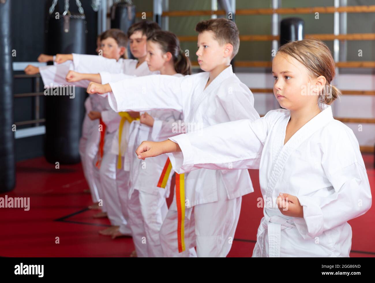 Kids in kimonos practicing karate techniques in group workout at ...