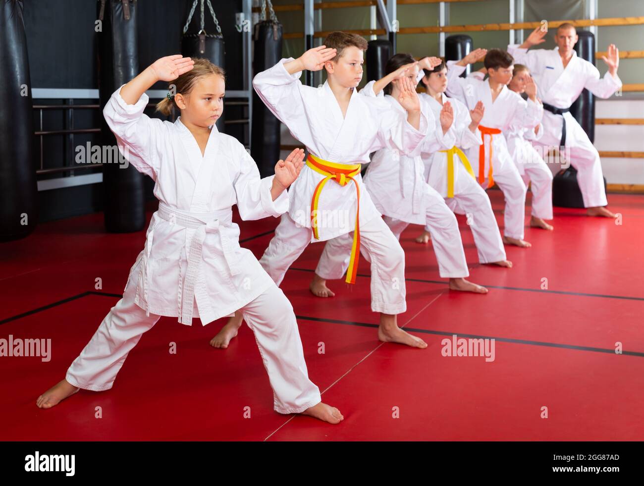 Schoolchilds practicing new technique in karate class Stock Photo - Alamy
