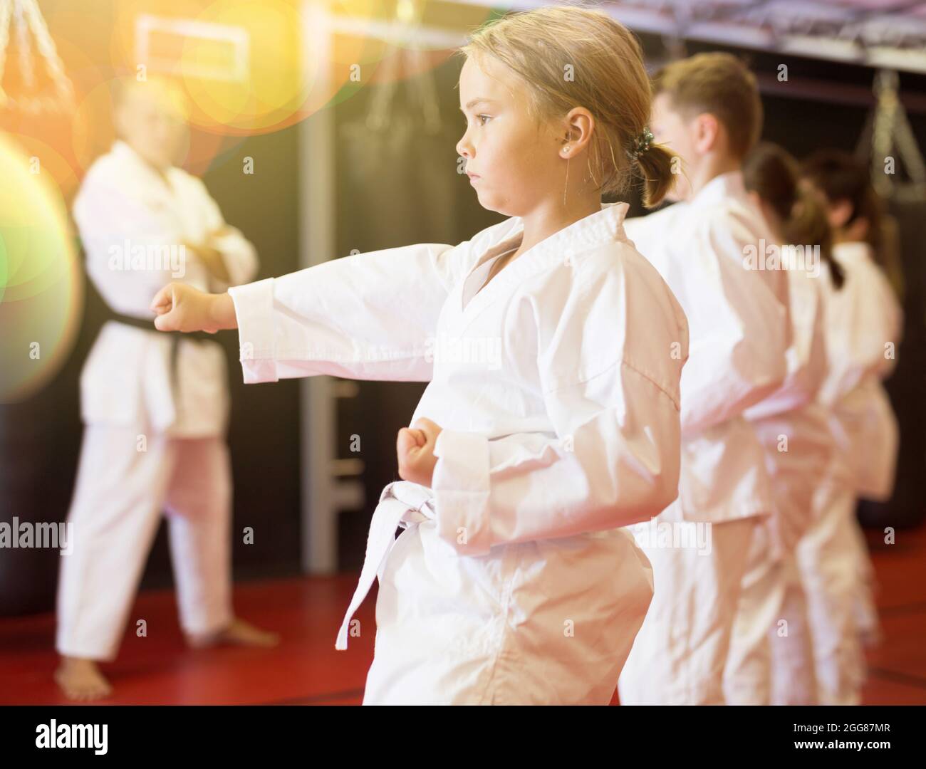 Girl practicing new moves during karate class Stock Photo - Alamy