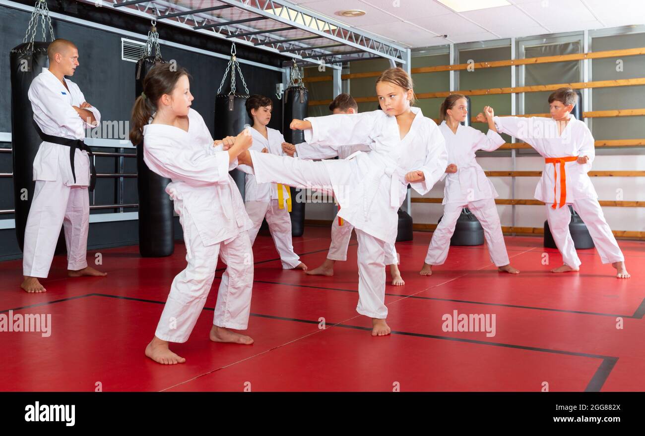 Children working in pair mastering new karate moves during group class ...