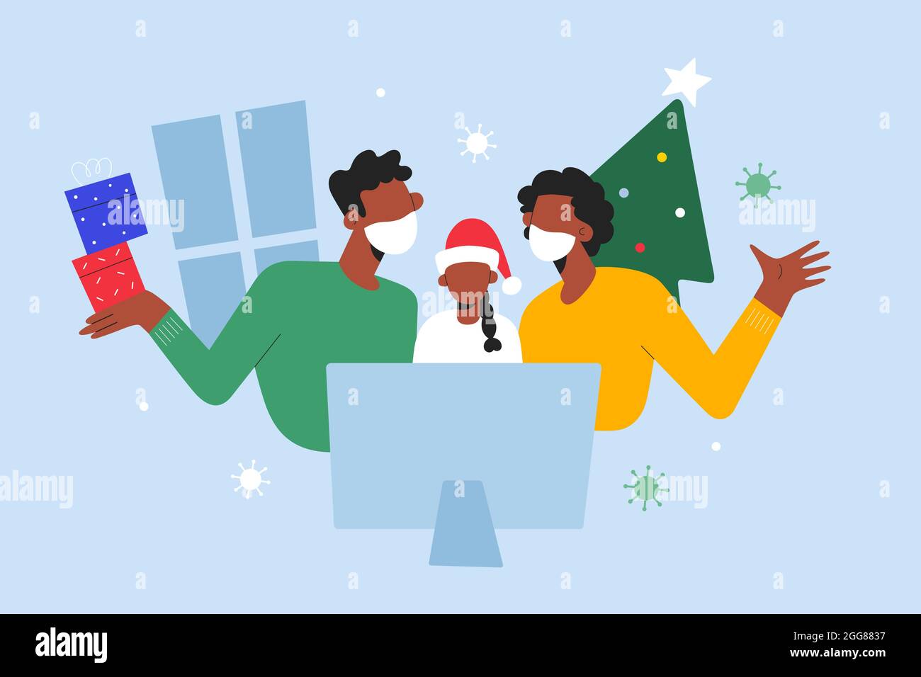 Family with daughter celebrating Christmas, covid lockdown, wearing ...