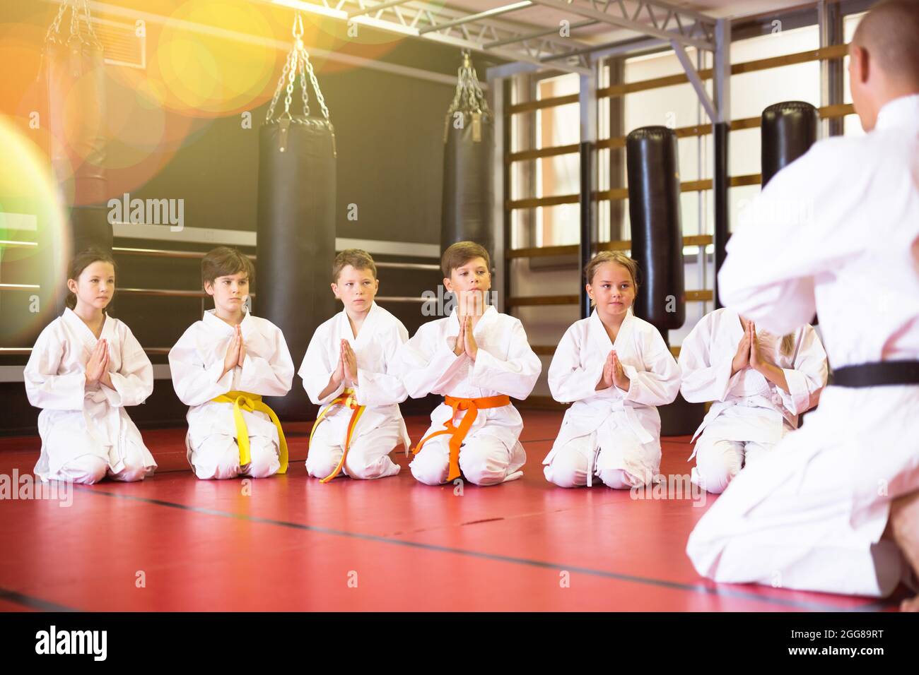 Group of karate kids and trainer in gym Stock Photo - Alamy