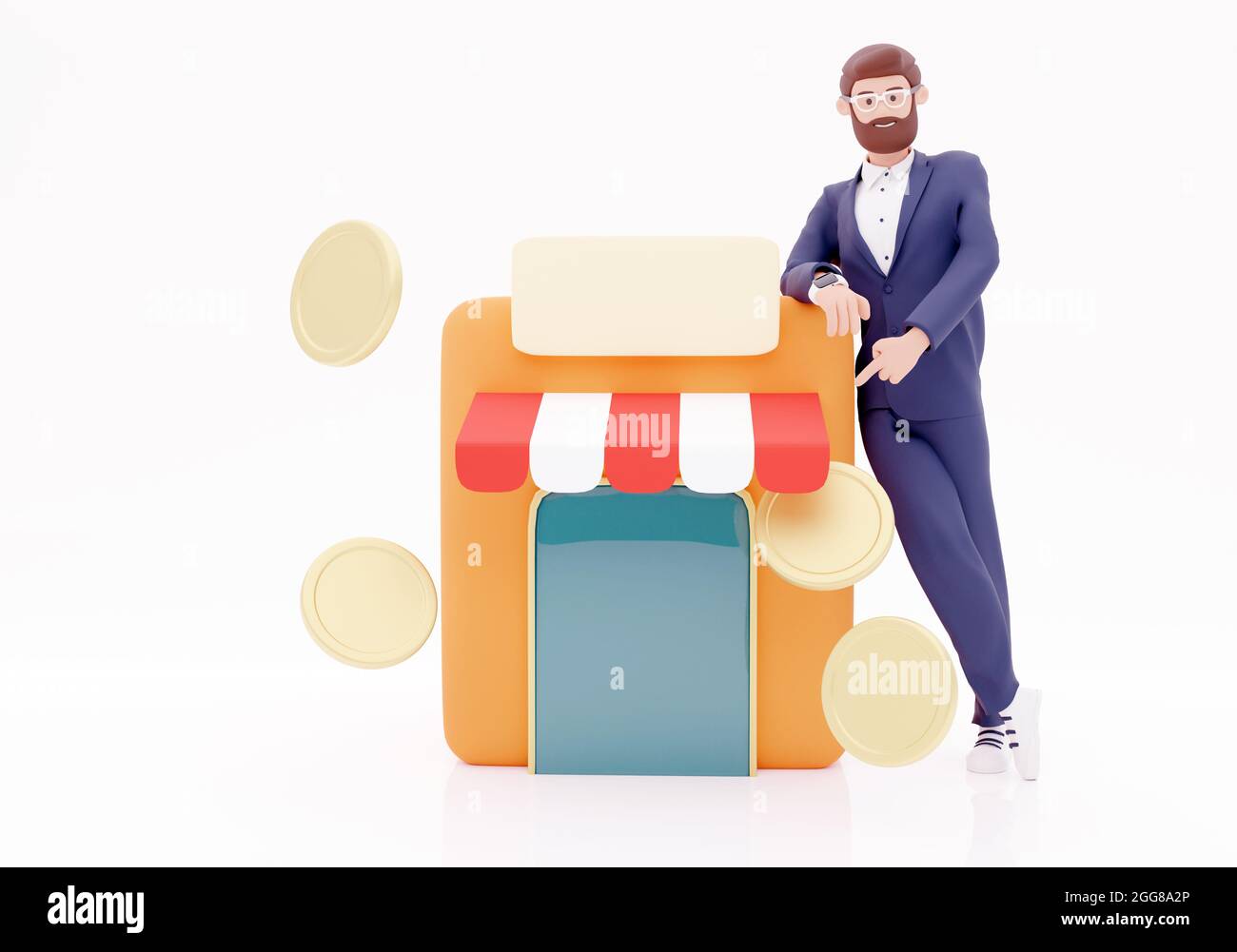 Cartoon character and shop with coin icon. Concept businessman shop. 3d ...
