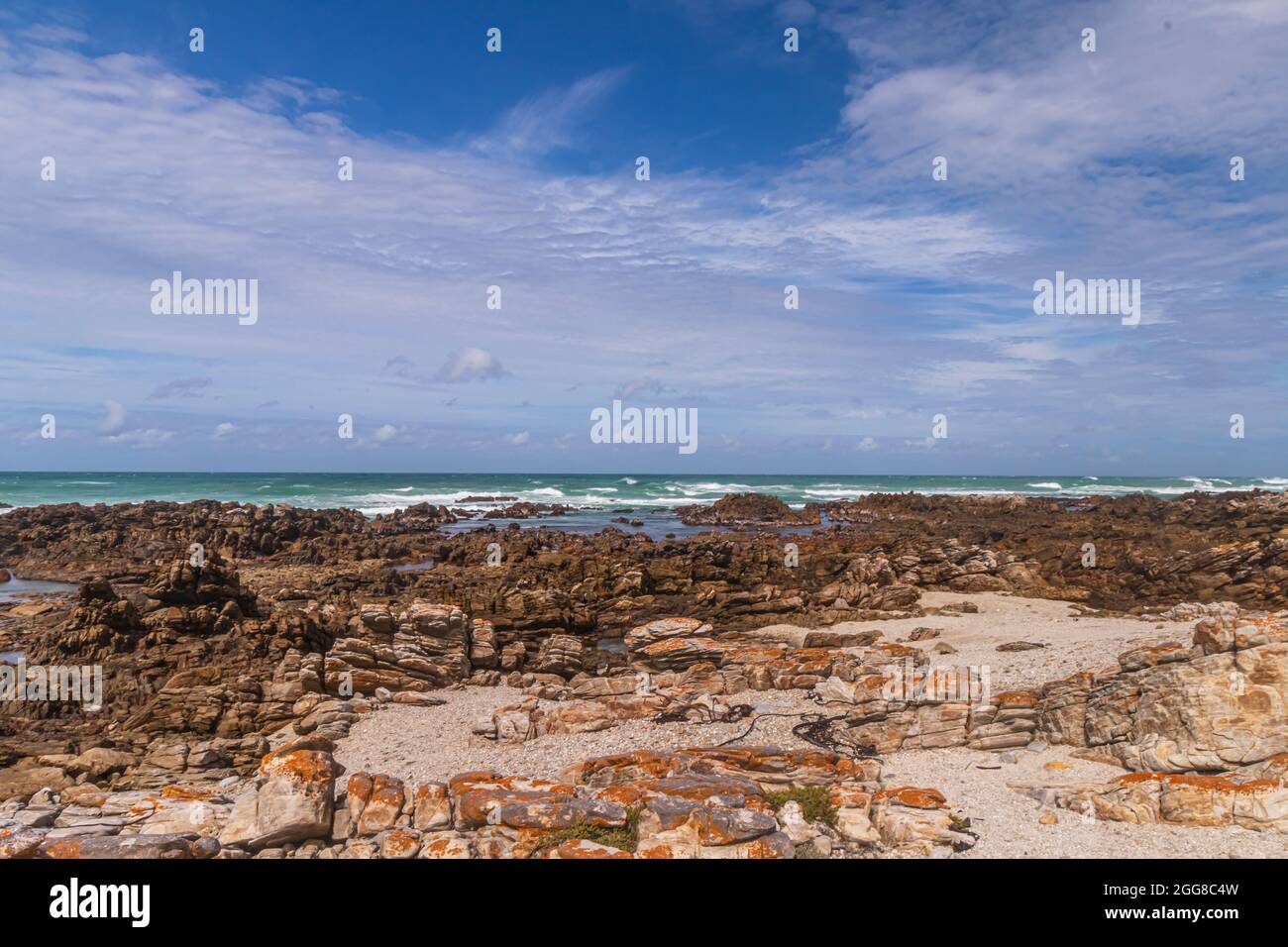Landscape of rugged rocky shore of Cape Agulhas National Park in South ...