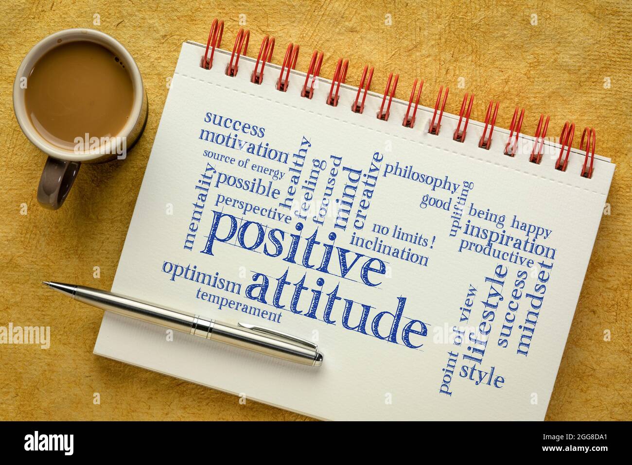 positive attitude word cloud in a spiral notebook with a cup of coffee ...