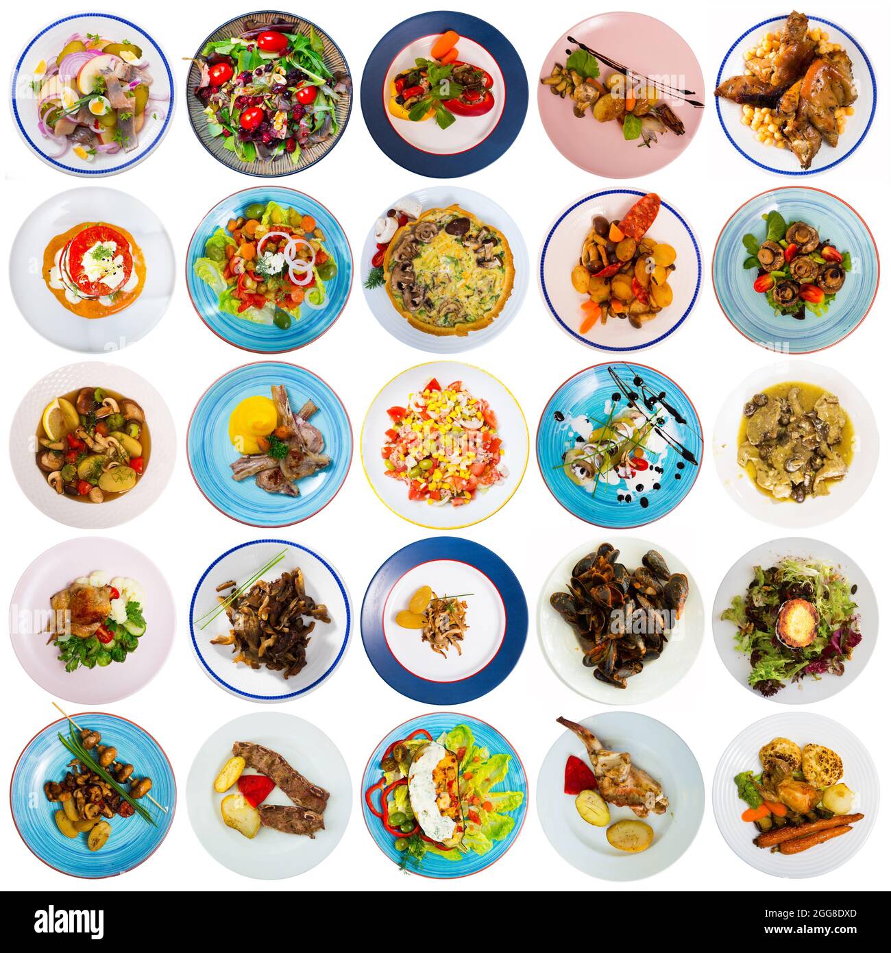 Set of dishes on round plates Stock Photo - Alamy