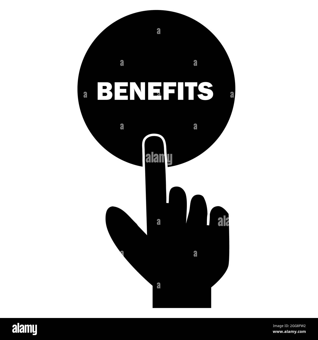 Hand pressing a button with the text BENEFITS icon on white background ...