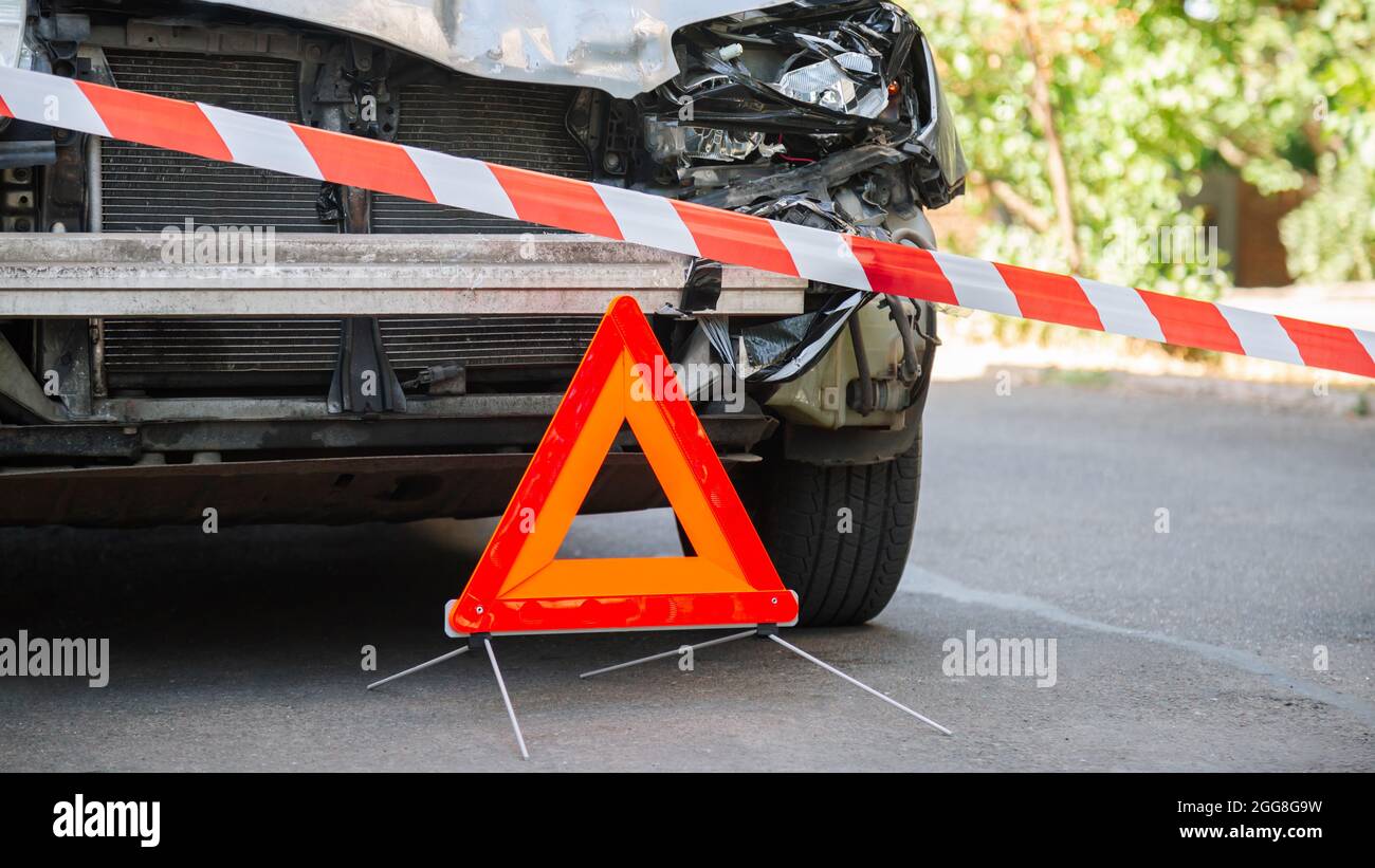 Destroyed car in car crash traffic accident on city road. Smashed ...