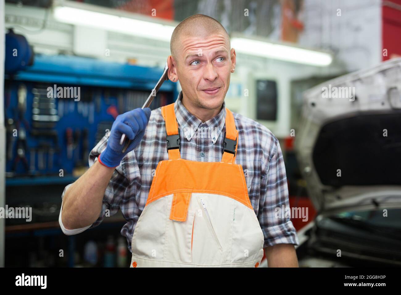 Workman standing near car at auto repair Stock Photo - Alamy