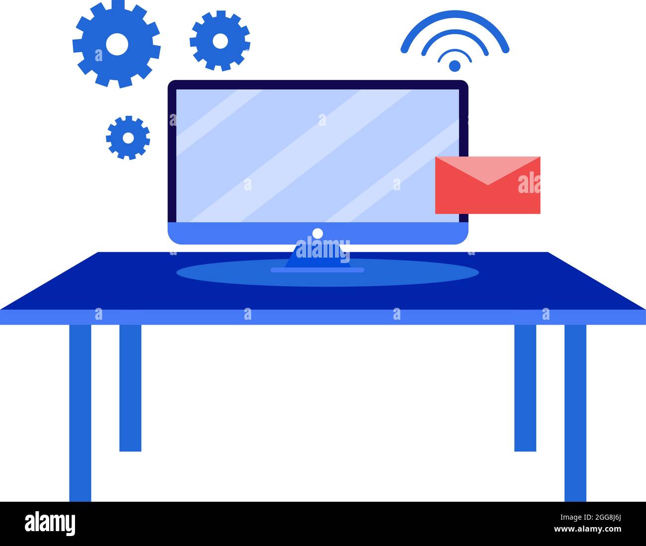 Computer on a desk, illustration, vector on a white background Stock ...