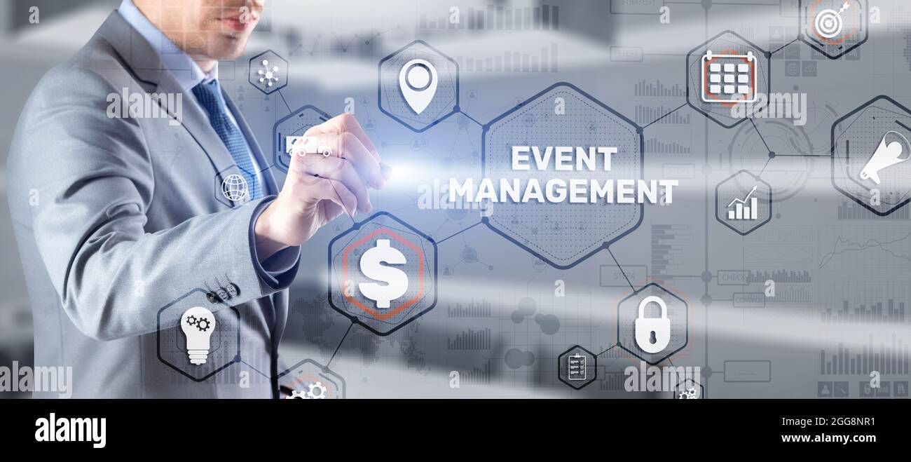 Businessman pressing on virtual screen and selecting Event Management ...