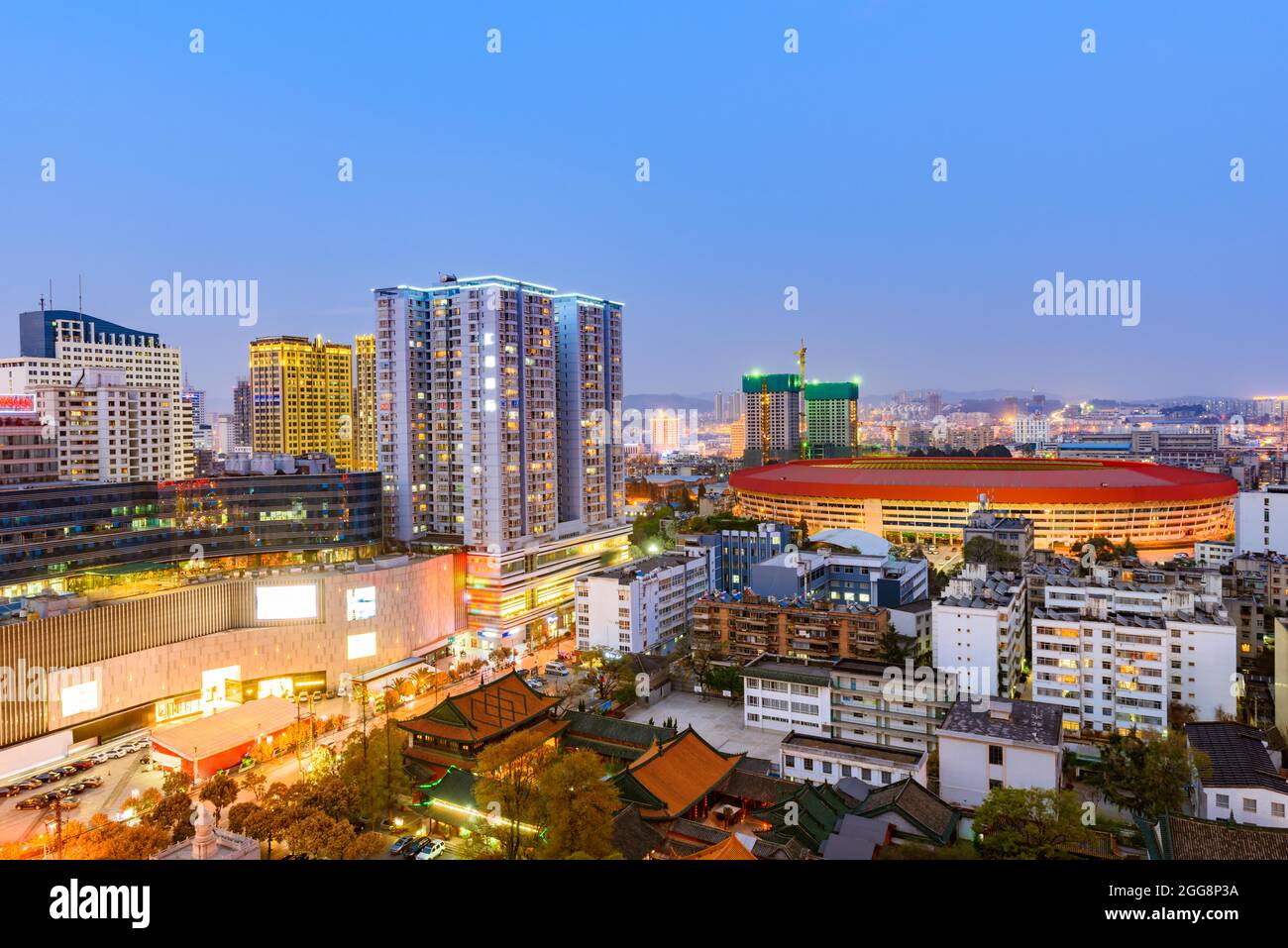 Dusk of Kunming cityscape with old shophouses and apartments Stock ...