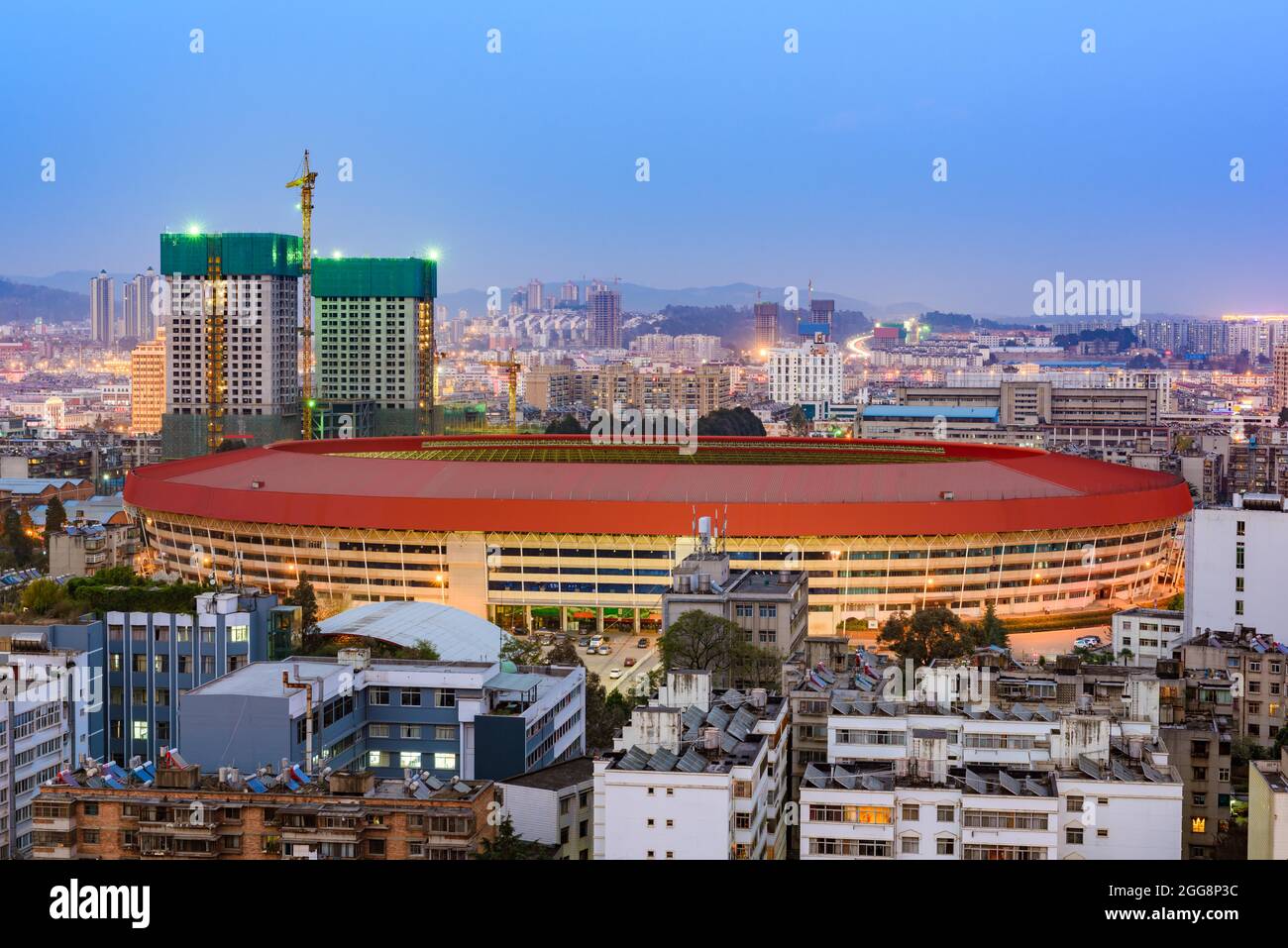 Dusk of Kunming cityscape with old shophouses and apartments Stock ...