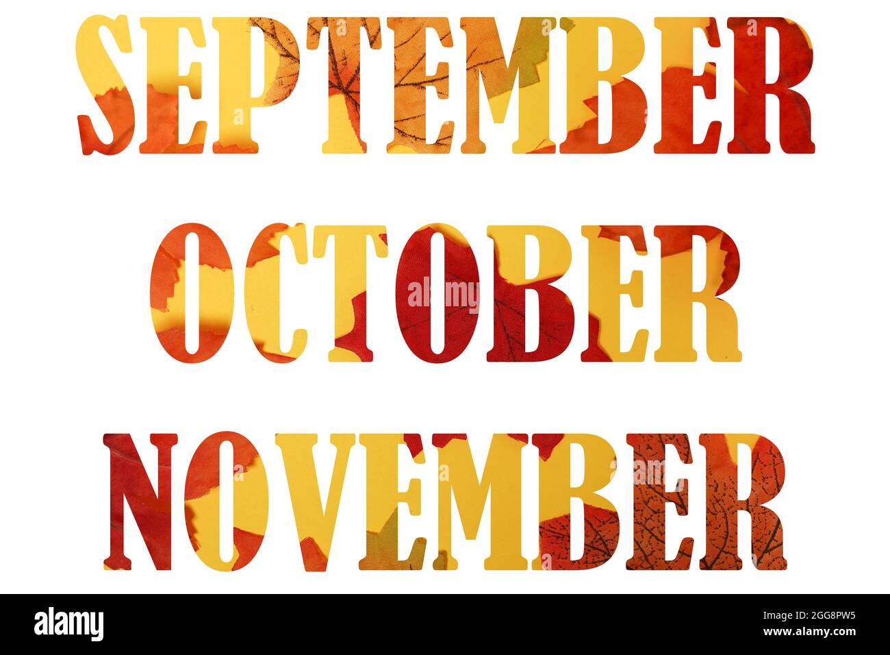 September, october, november text from red and yellow leaves. autumn ...