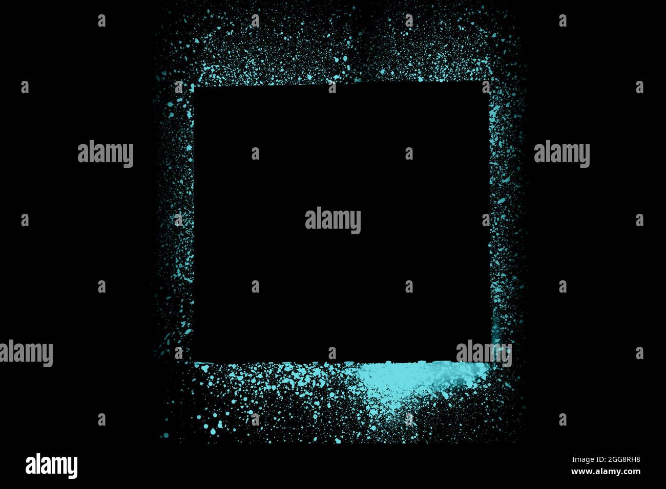 Blue colored square paint frame splash isolated on black background ...