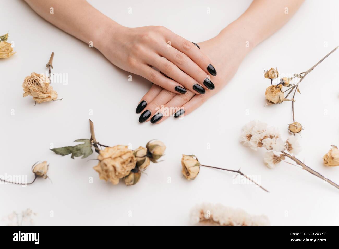 Female hands with black color manicure Stock Photo - Alamy