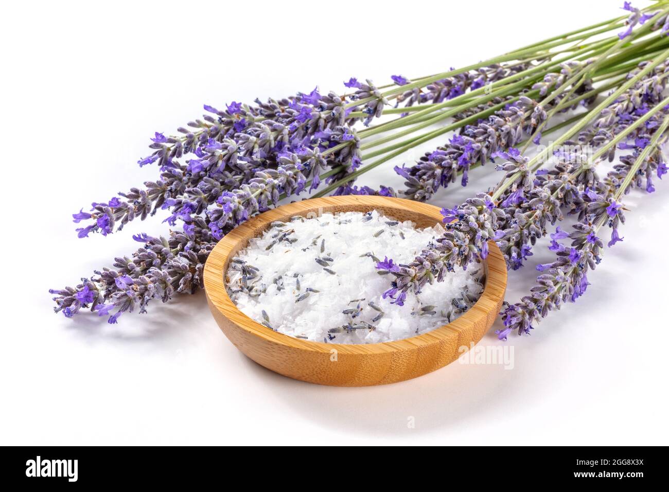 Lavender sea salt with a bunch of lavandula flowers, aromatic herb for ...