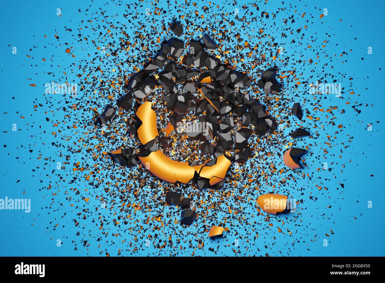 3d illustration of a small explosion of stone fragments. Broken shape ...