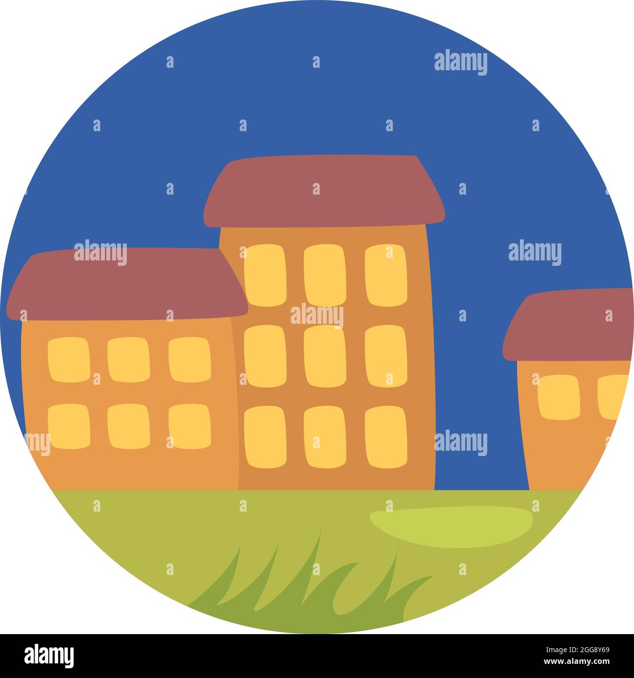 Buildings on a green field, illustration, vector, on a white background ...