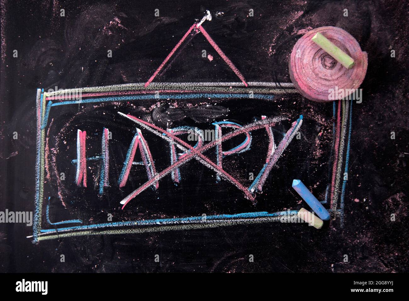Graphical representation of the word, happy, written with chalk on ...