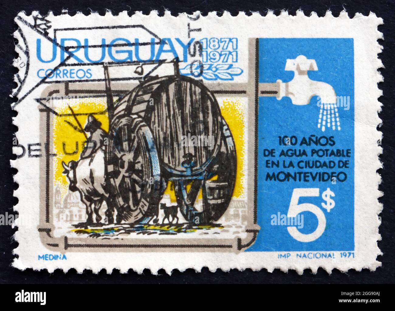 URUGUAY - CIRCA 1971: a stamp printed in the Uruguay shows Water Cart ...