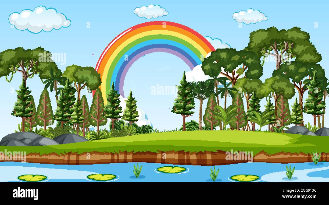 Nature scene background with rainbow in the sky illustration Stock ...