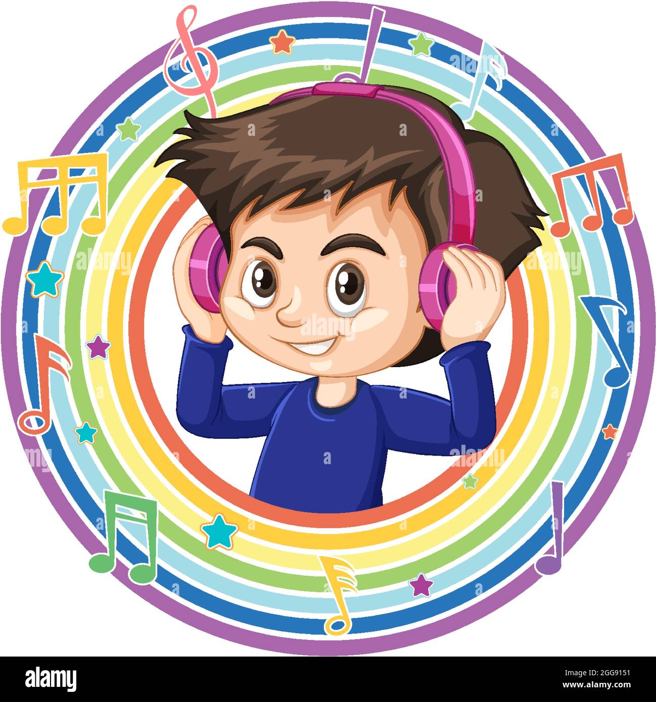 Boy wear headphone in rainbow round frame with melody symbols ...