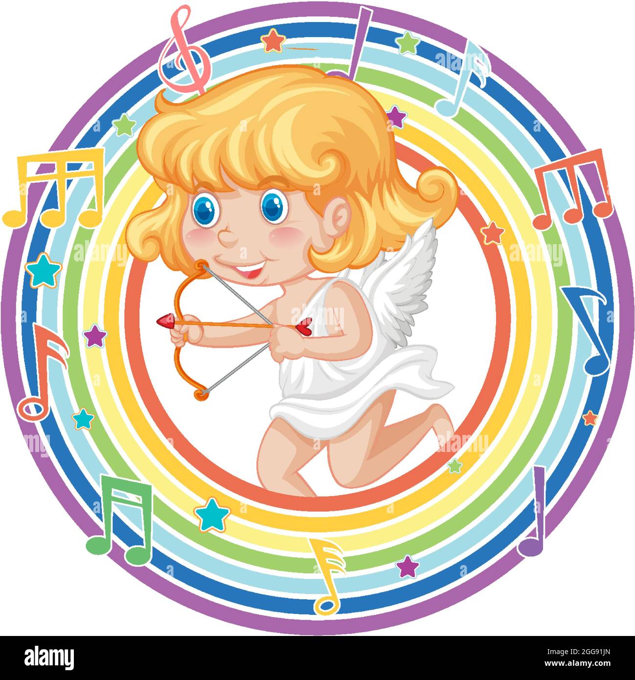 Cupid girl in rainbow round frame with melody symbol illustration Stock ...