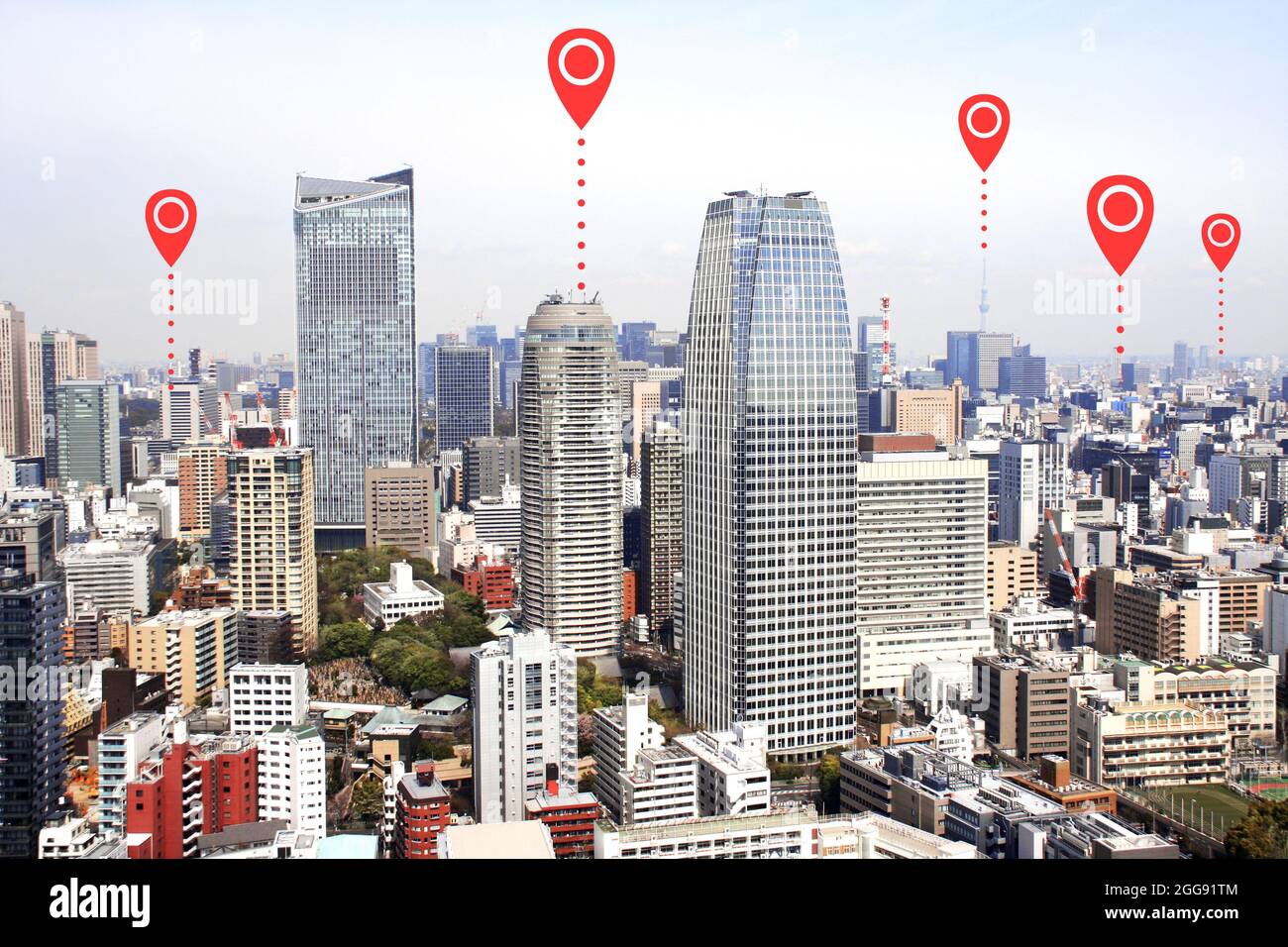 Network connection concept. Aerial view on Tokyo with red location pin ...