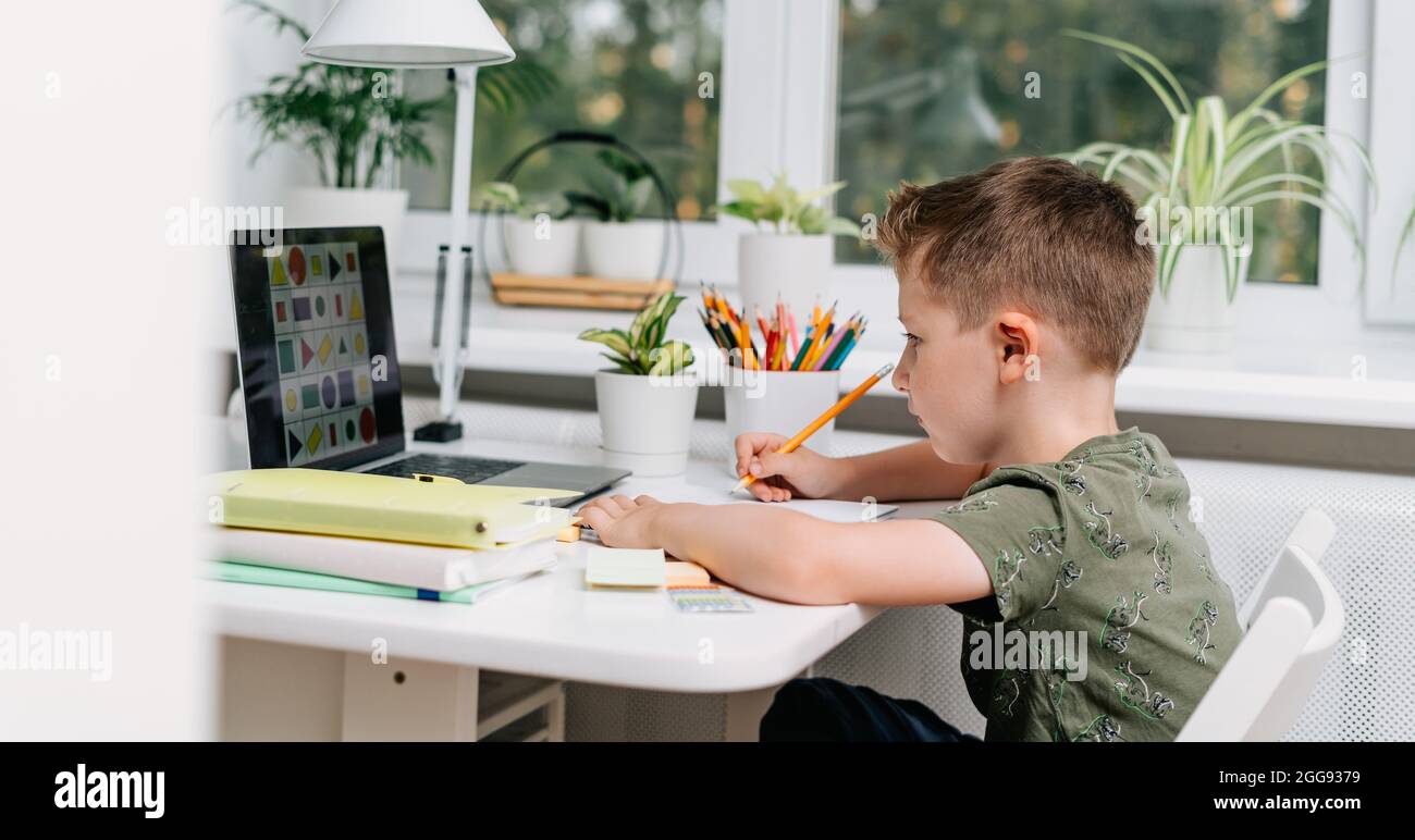 Distance learning online education. Caucasian smile kid boy studying at ...