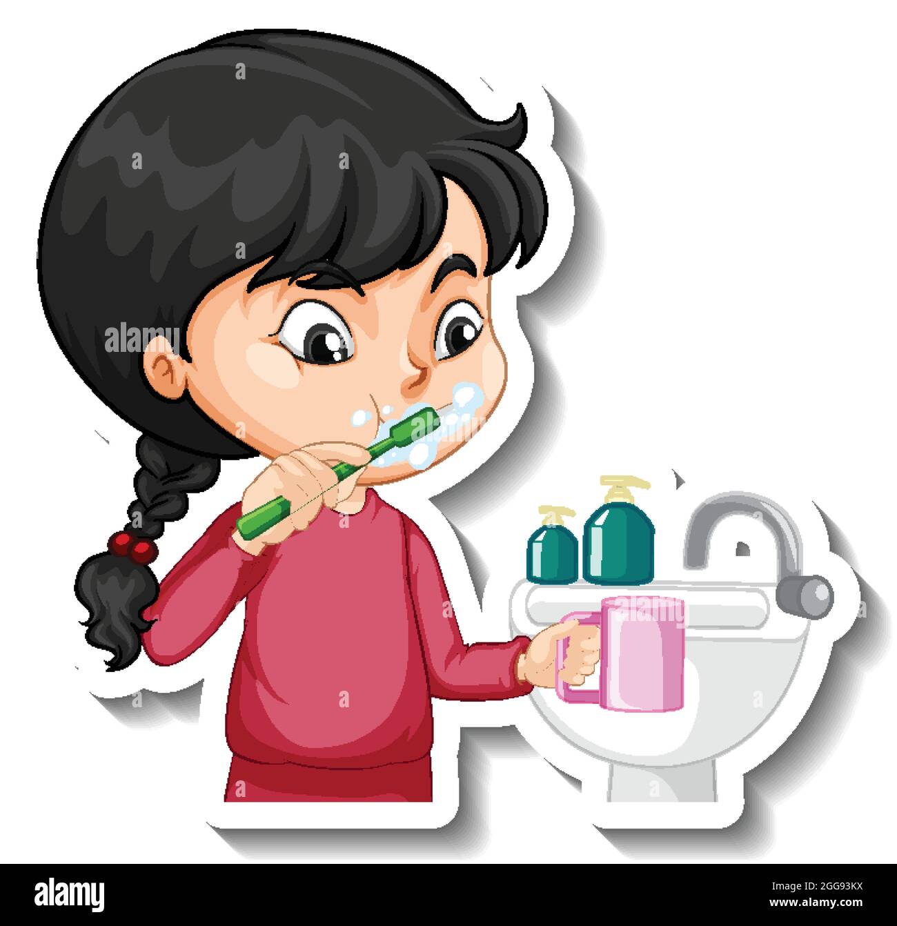 Cartoon Character Sticker With A Girl Brushing Teeth Illustration Stock Vector Image And Art Alamy