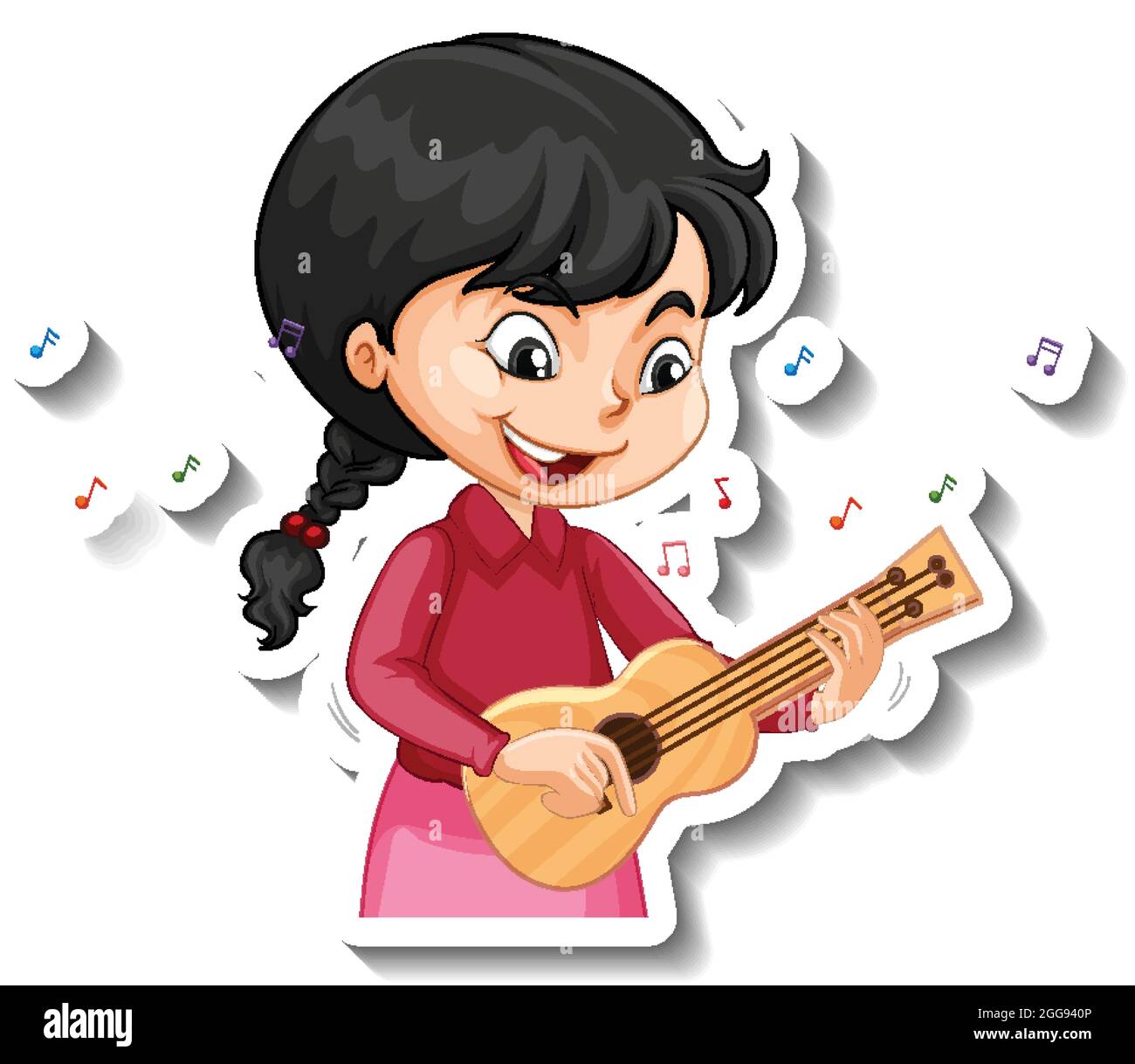 Cartoon character sticker with a girl playing ukulele illustration ...