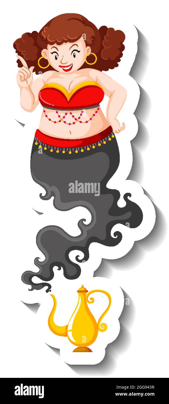 Genie lady coming out of magic lamp cartoon character sticker illustration Stock Vector Image ...