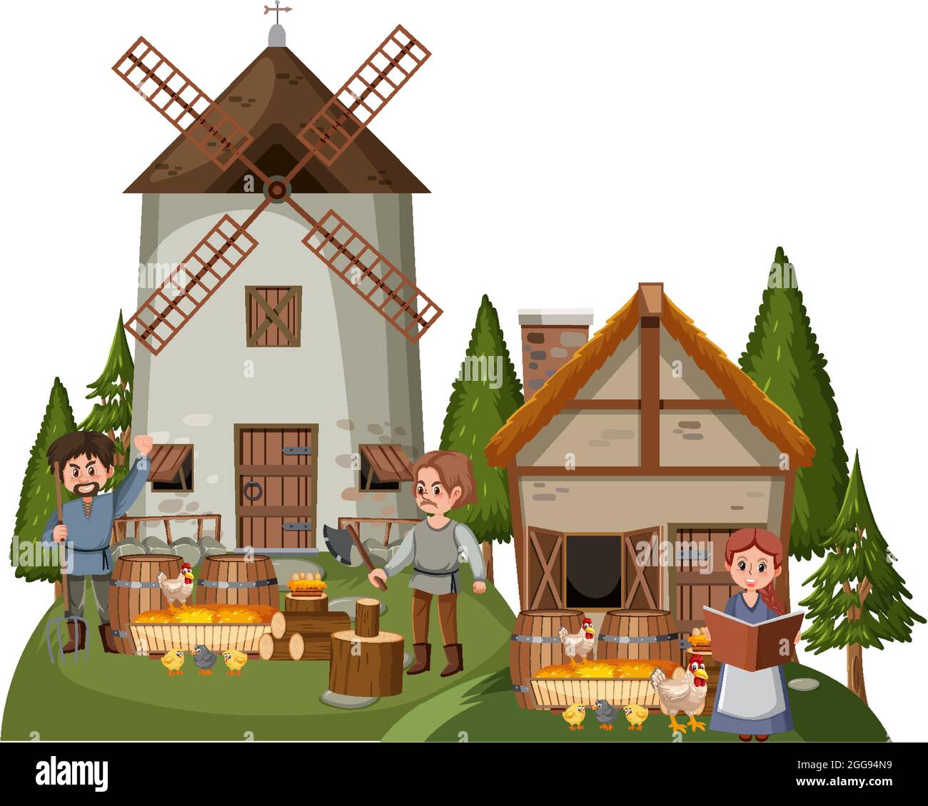 Medieval house with windmill and villagers illustration Stock Vector ...